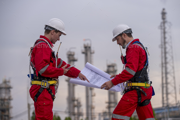 Engineer survey team wear uniform and helmet stand workplace checking ...