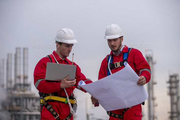 Engineer survey team wear uniform and helmet stand workplace checking ...
