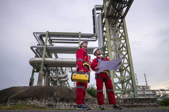 Engineer survey team wear uniform and helmet stand workplace checking ...