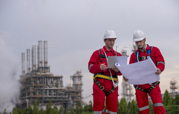 Engineer survey team wear uniform and helmet stand workplace checking ...