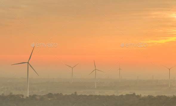 Landscape wind farm with sunrise sky. Sustainable renewable energy ...