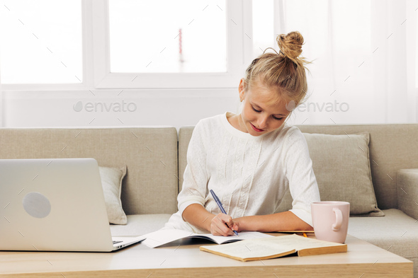 Homework learning couch distance schoolgirl laptop education online ...