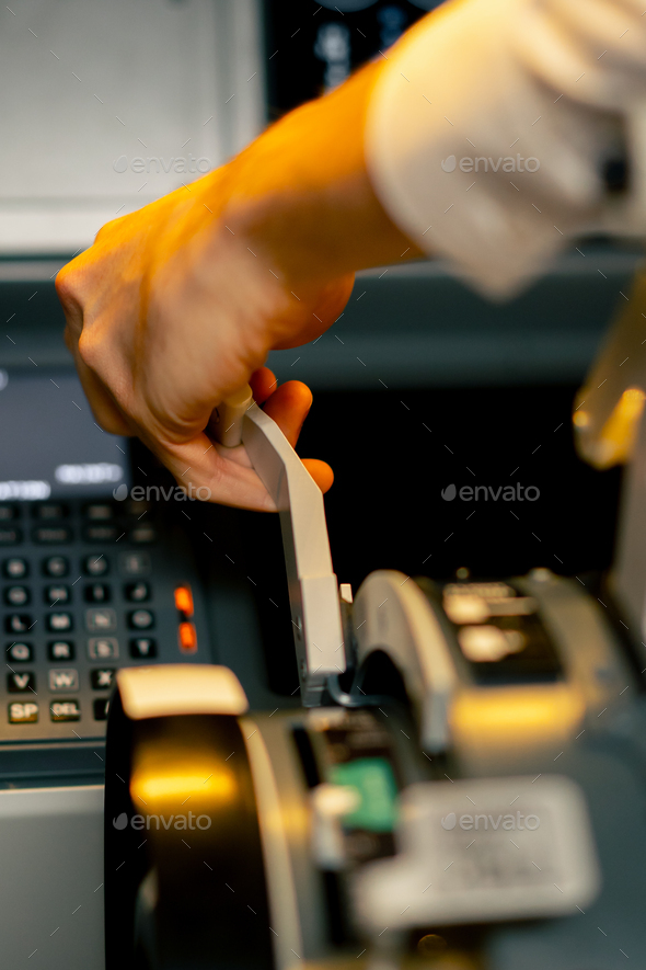 Airplane pilot controls throttle during flight or takeoff Cockpit view ...