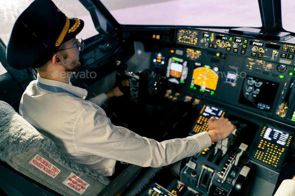 Airplane pilot controls throttle during flight or takeoff Cockpit view ...