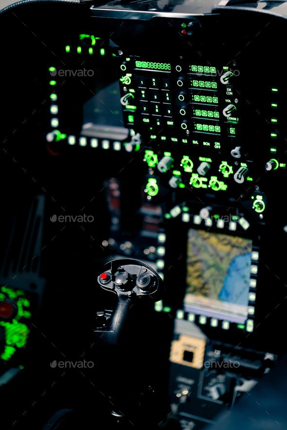 Close-up of an airplane cockpit Center panel with main flight display ...