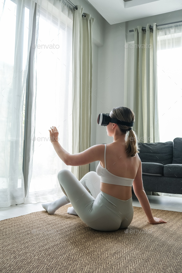 VR sport,Workout home vr,Fitness vr home,VR fit.Girl doing fitness in VR glasses home ,virtual ...