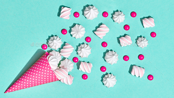 Mixed marshmallow meringue Party firework flying in air minimal. Ice ...