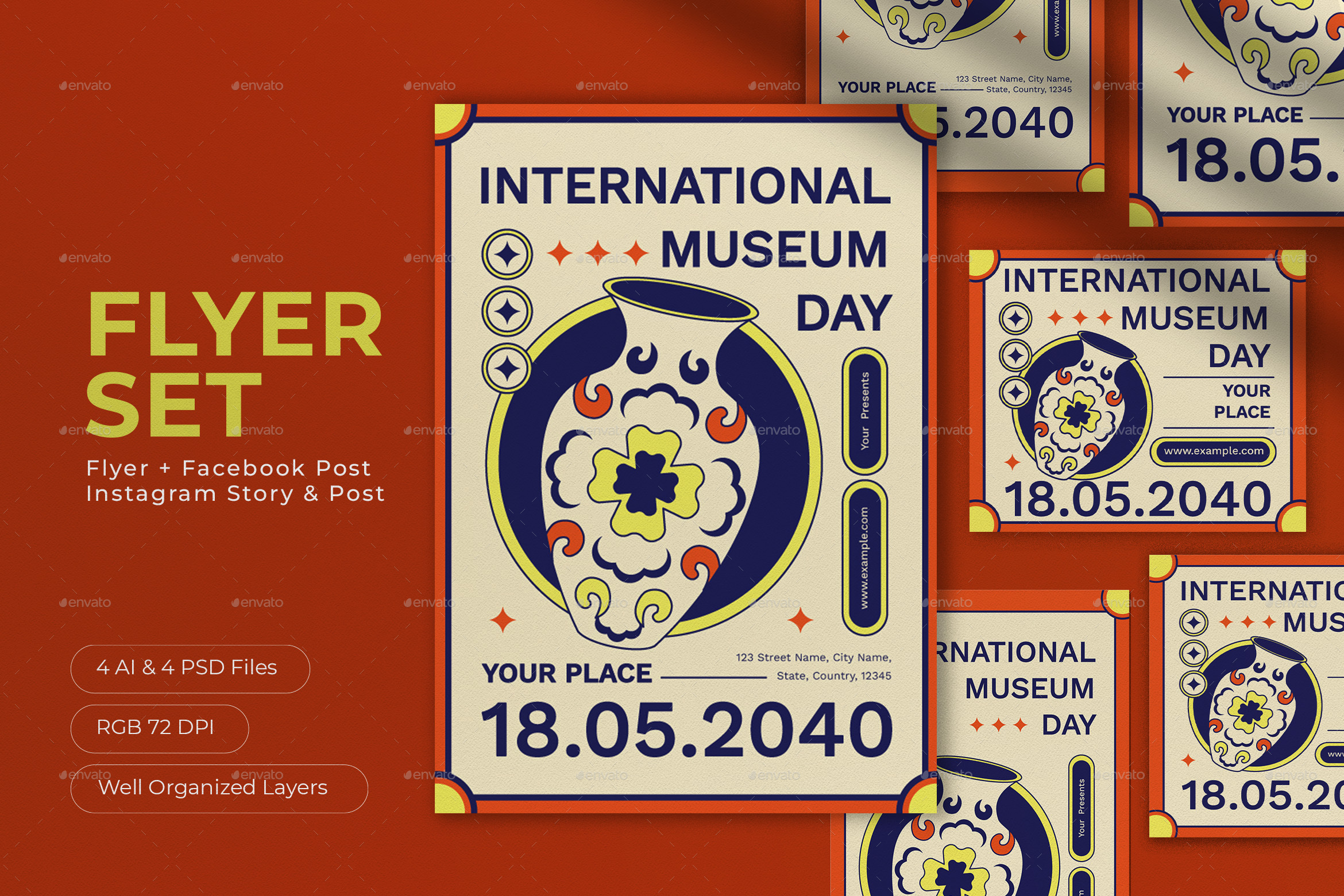 Cream Flat Design International Museum Day Flyer Set, Print Templates