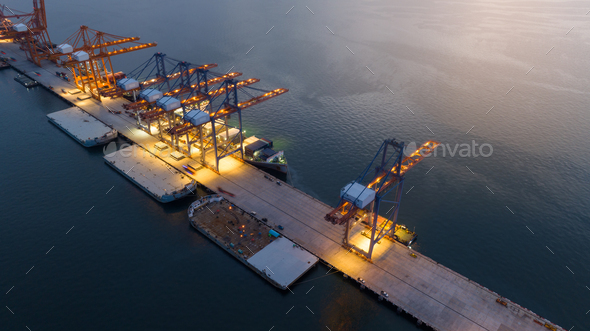 Shipyard industry shipping seafaring vessel at sunries. Cargo container ...