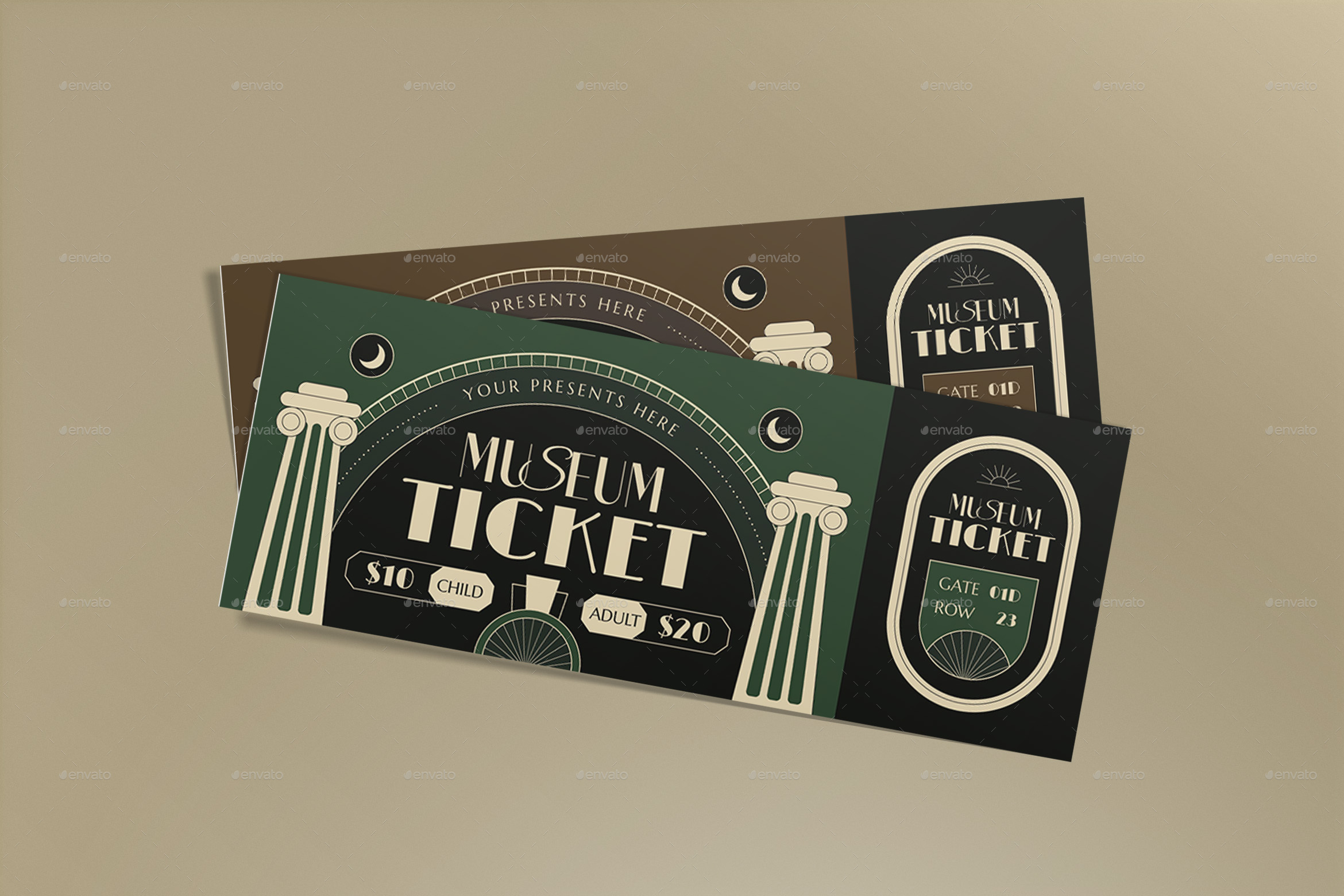 Green and Brown Art Deco Museum Ticket, Print Templates | GraphicRiver