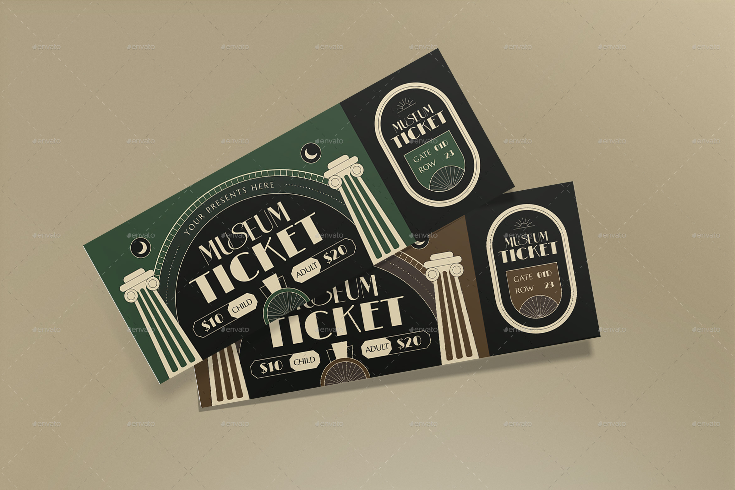 Green and Brown Art Deco Museum Ticket, Print Templates | GraphicRiver