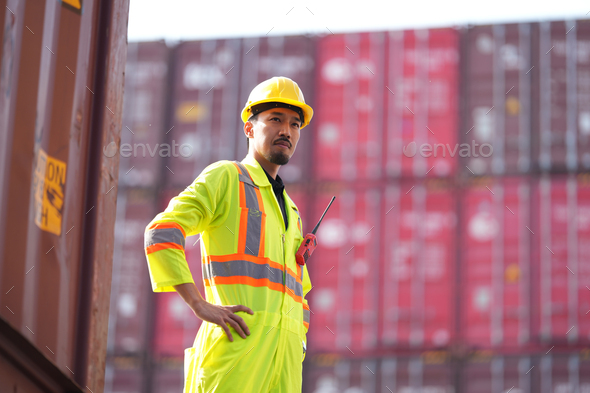 Foreman control industrial container cargo freight ship Stock Photo by ...