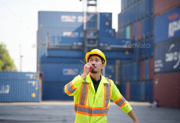 Foreman control industrial container cargo freight ship Stock Photo by ...