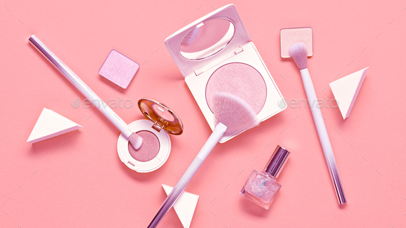 Beauty cosmetics makeup product flying in air cutout minimal. Woman ...