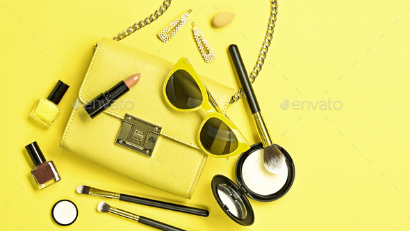 Beauty cosmetics makeup product flying in air cutout minimal. Woman ...