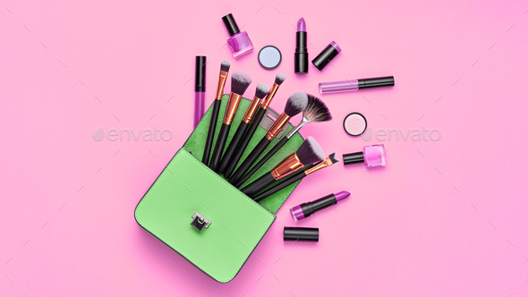 Beauty cosmetics makeup product flying in air cutout minimal. Woman ...