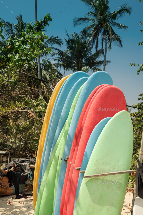 Set of different color surfboards on sandy beach seacoast. Stock Photo ...