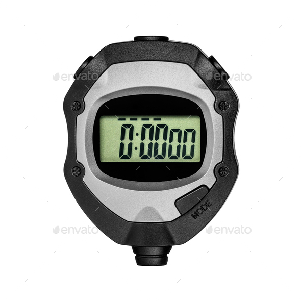 Digital stopwatch isolated on white. Black plastic electronic time ...