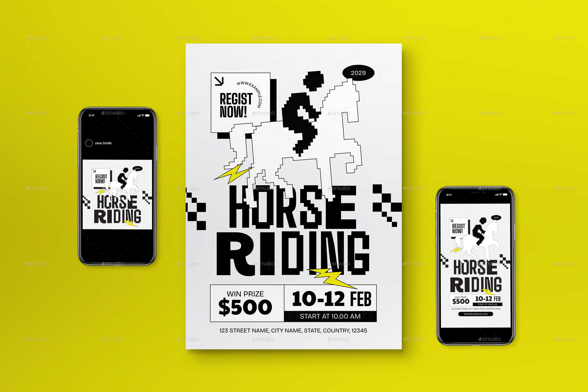 Monochrome Pixelated Horse Riding Flyer Set, Print Templates | GraphicRiver