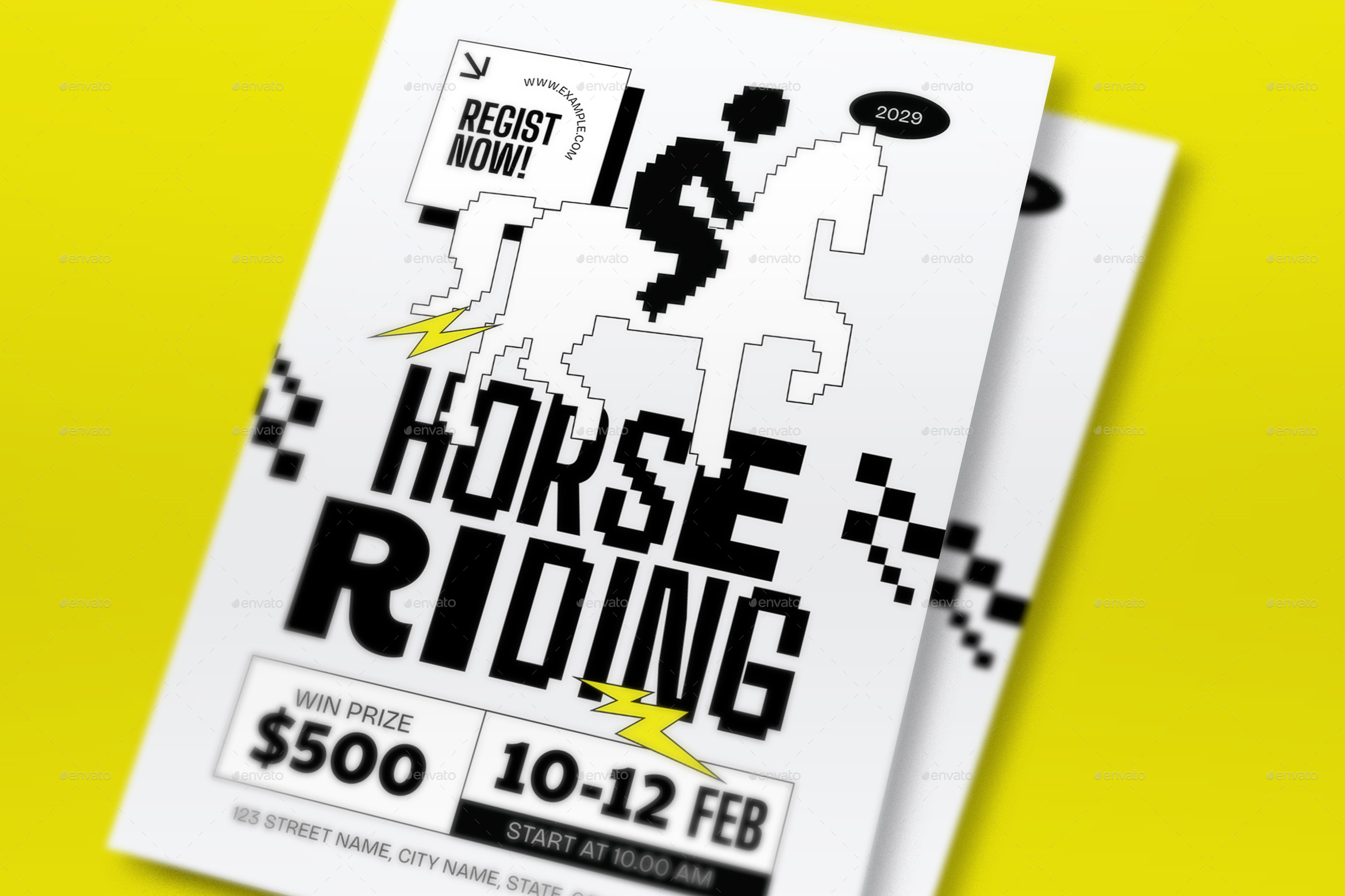 Monochrome Pixelated Horse Riding Flyer Set, Print Templates | GraphicRiver