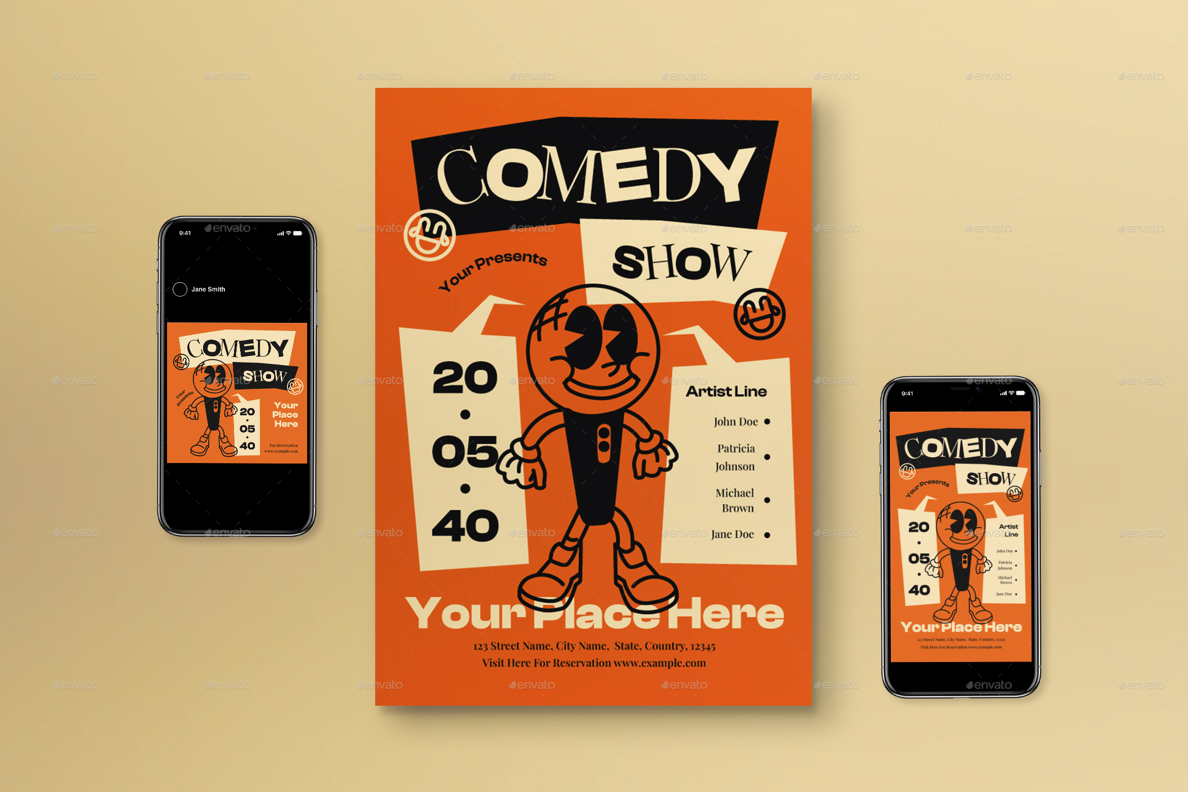 Orange Retro Cartoon Comedy Show Flyer Set, Print Templates | GraphicRiver