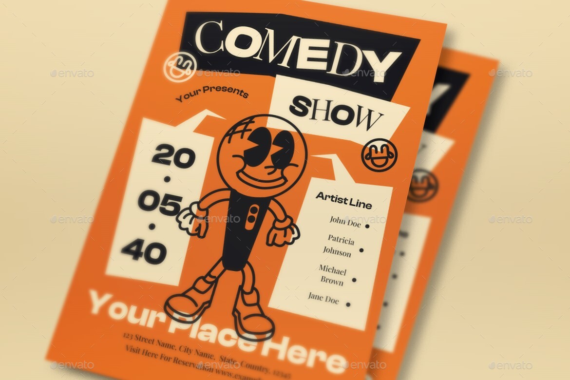 Orange Retro Cartoon Comedy Show Flyer Set, Print Templates | GraphicRiver