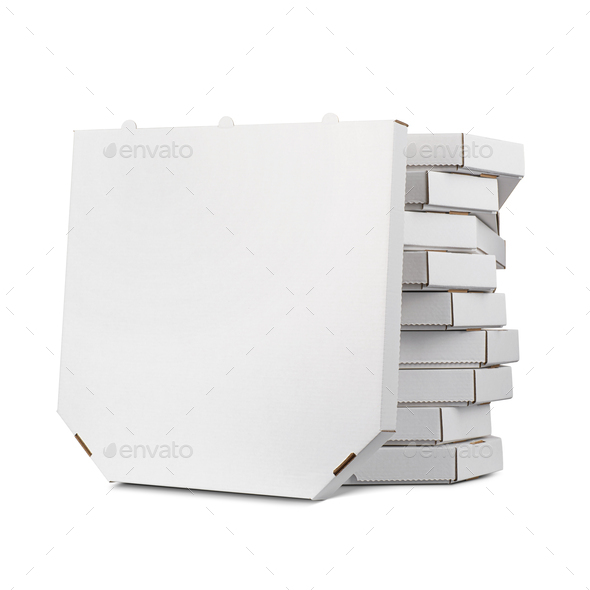 One blank pizza box over a stack Stack of nine closed white cardboard ...