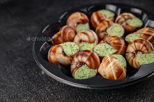 snails with green oil aromatic herbs tasty fresh healthy eating cooking ...