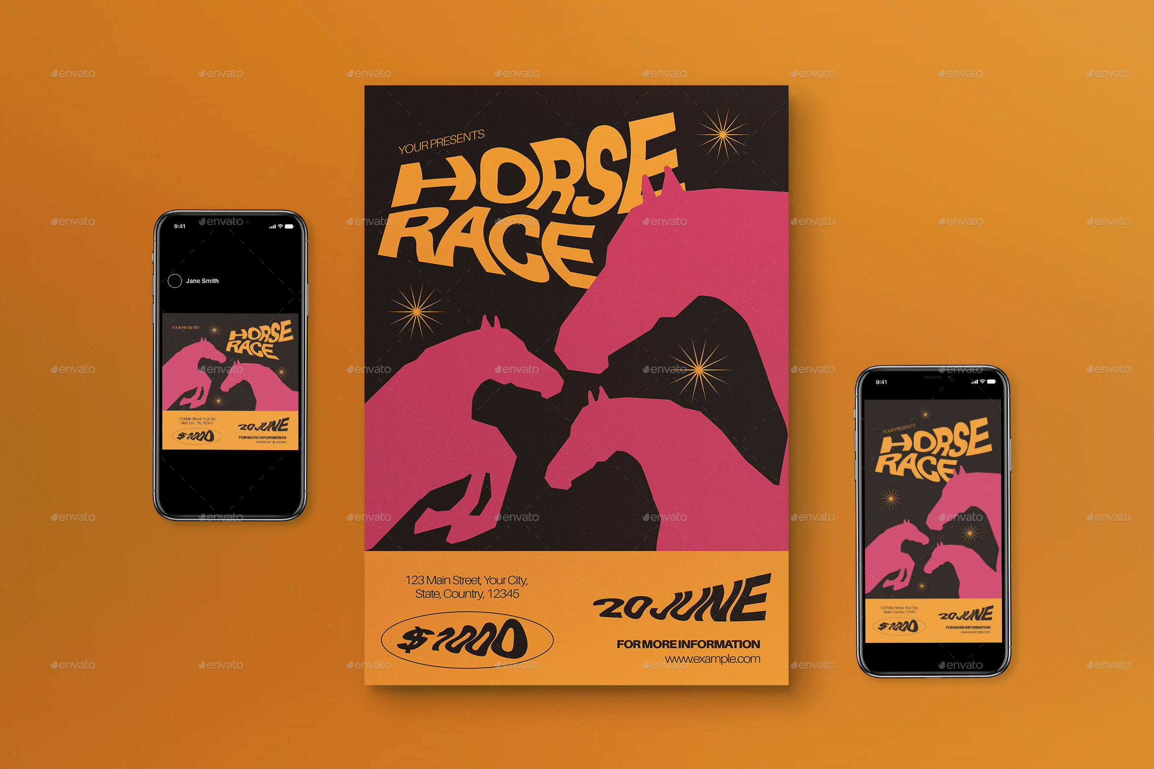 Orange Grunge Horse Race Flyer Set, Print Templates | GraphicRiver