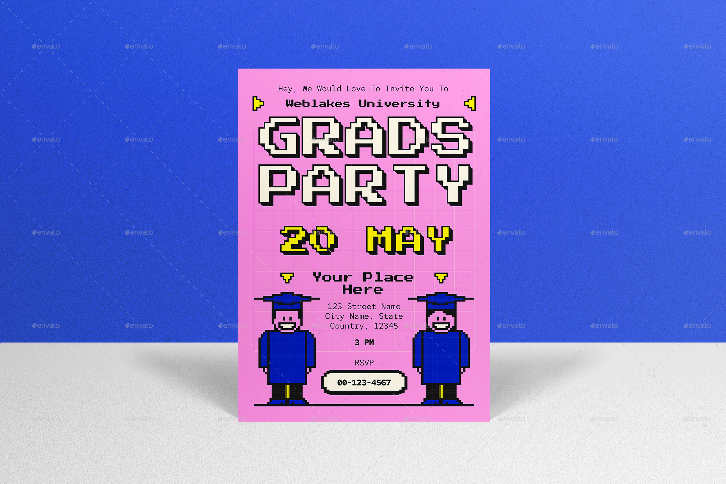 Pink Pixel Art Graduation Party Invitation, Print Templates | GraphicRiver