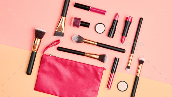 Beauty cosmetics makeup product flying in air cutout minimal. Woman ...