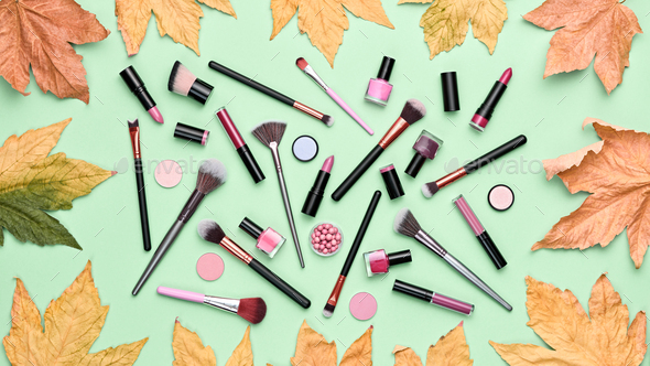 Beauty cosmetics makeup product flying geometry minimal. Woman make up ...