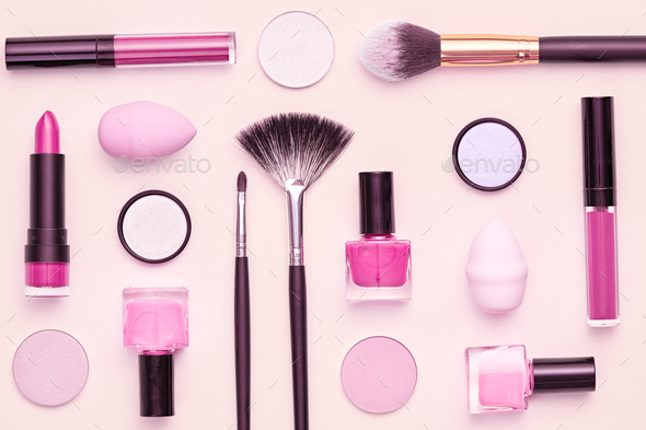 Beauty cosmetics makeup product flying geometry minimal. Woman make up ...