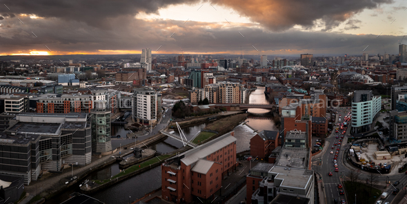 Aerial panorama of Leeds Dock and River Aire in a cityscape skyline at ...