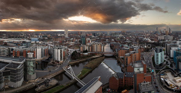 Aerial panorama of Leeds Dock and River Aire in a cityscape skyline at ...