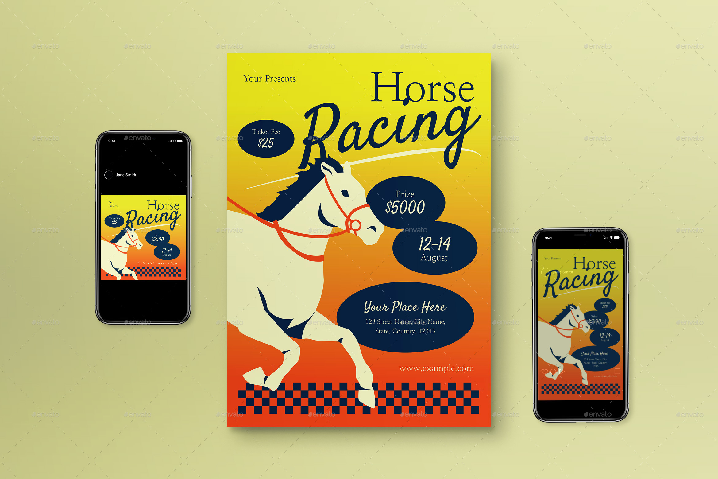 Yellow Flat Design Horse Racing Flyer Set, Print Templates | GraphicRiver