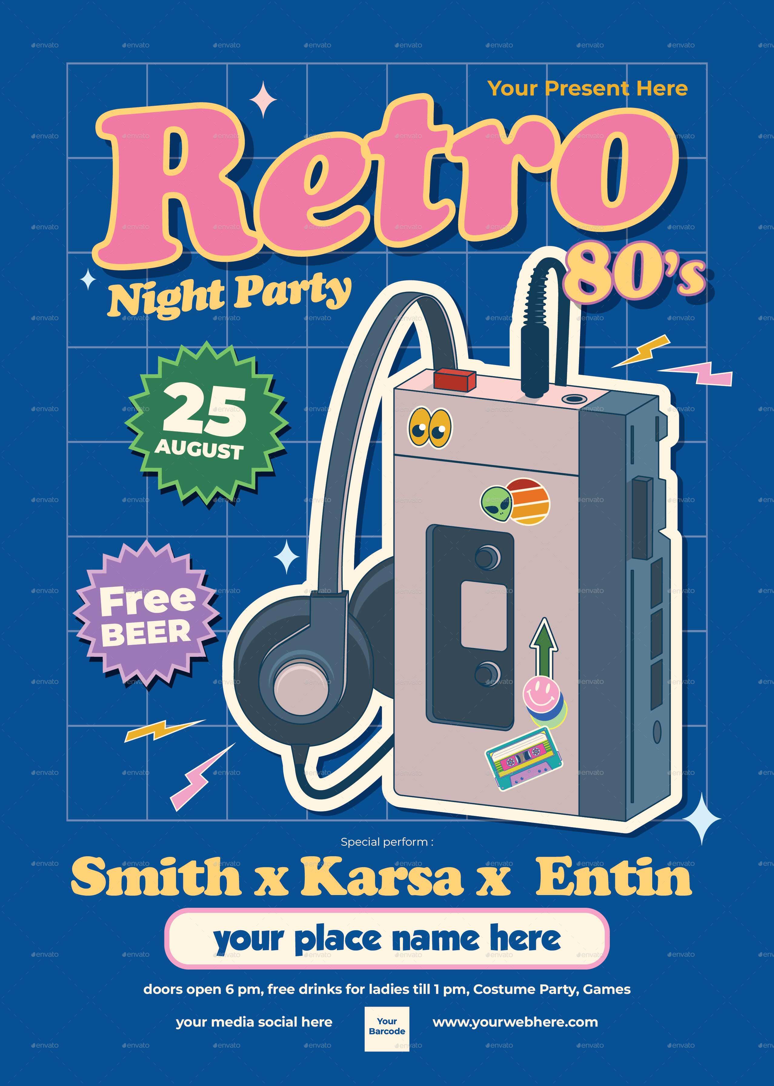 Retro 80s Party Flyer, Print Templates | GraphicRiver