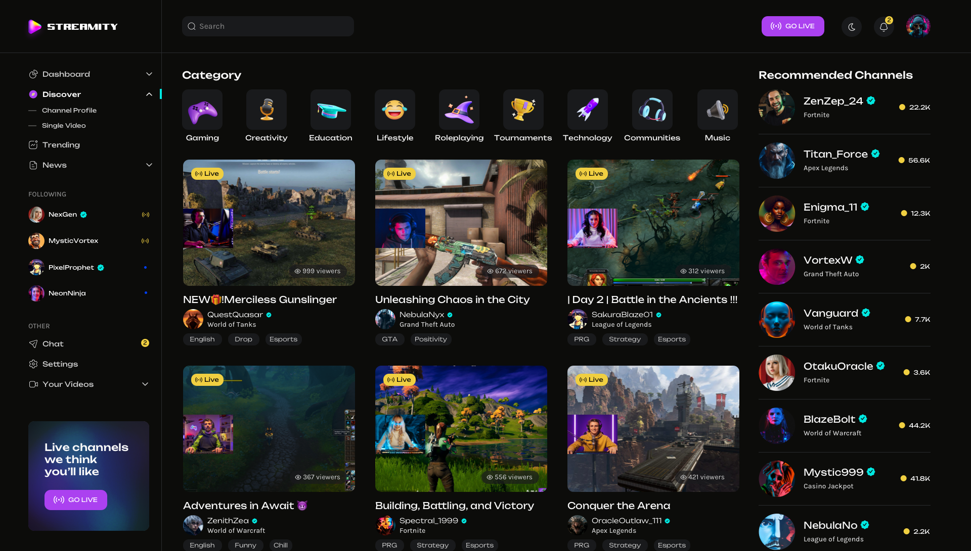 Streamity – Gaming and Streaming Dashboard UI for Figma by merkulove