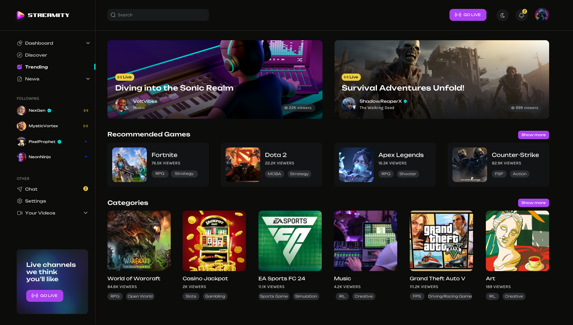 Streamity – Gaming and Streaming Dashboard UI for Figma by merkulove