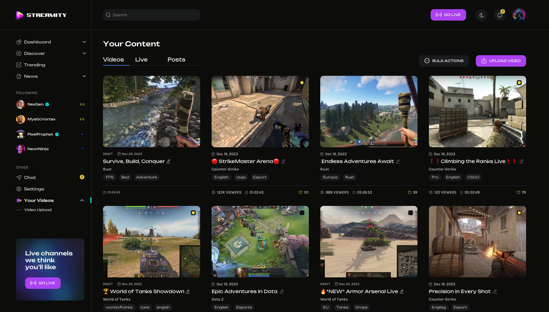 Streamity – Gaming and Streaming Dashboard UI for Figma by merkulove