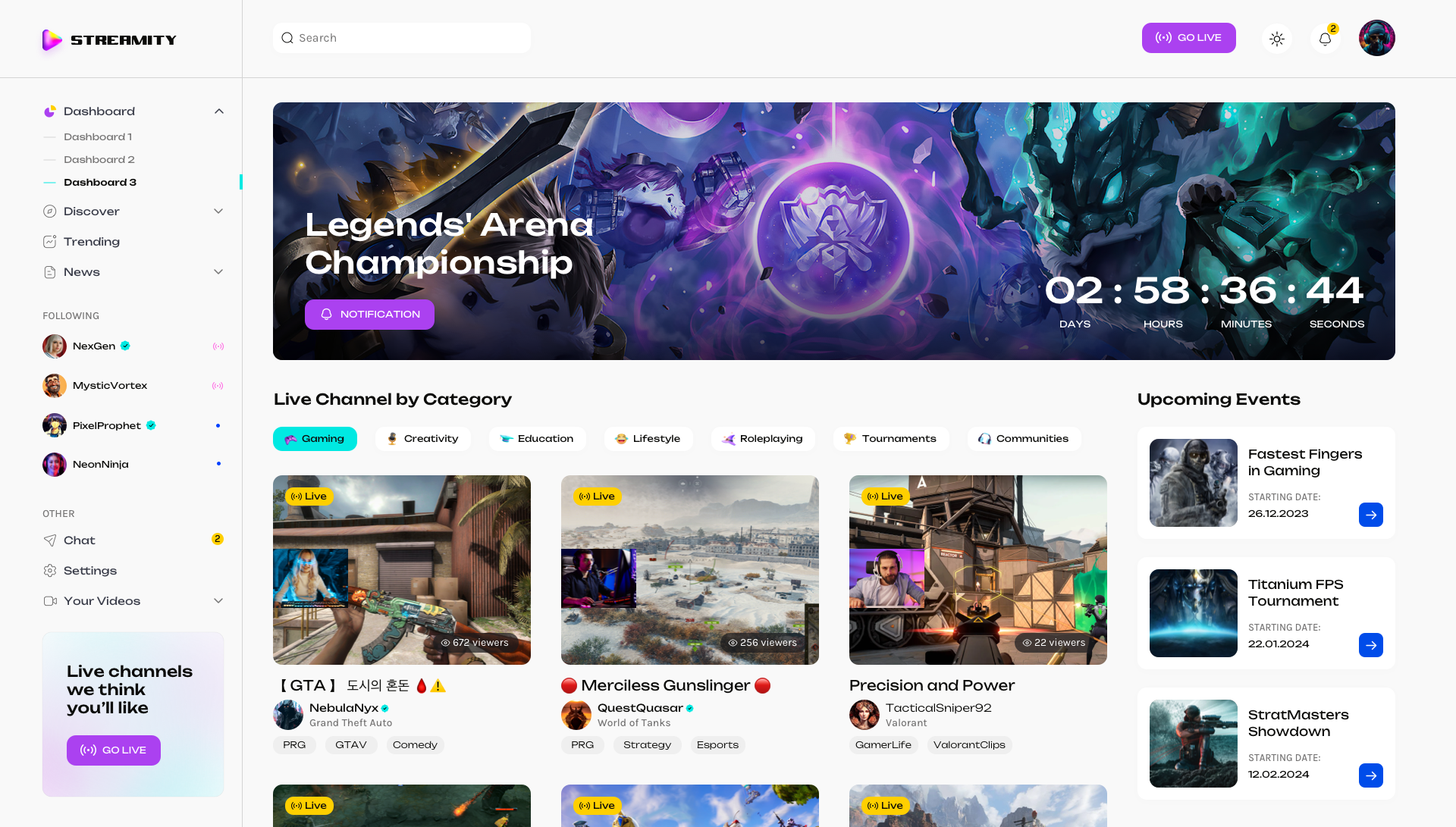 Streamity – Gaming and Streaming Dashboard UI for Figma by merkulove