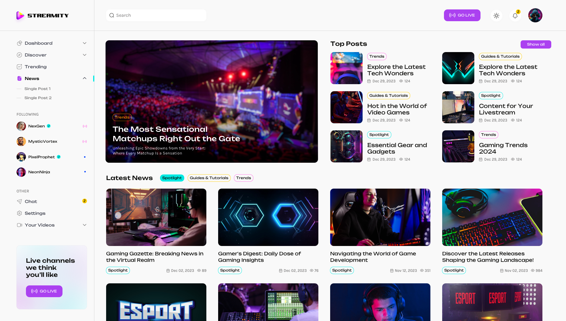 Streamity – Gaming and Streaming Dashboard UI for Figma by merkulove
