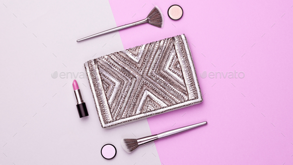 Beauty cosmetics makeup product flying in air cutout minimal. Woman ...