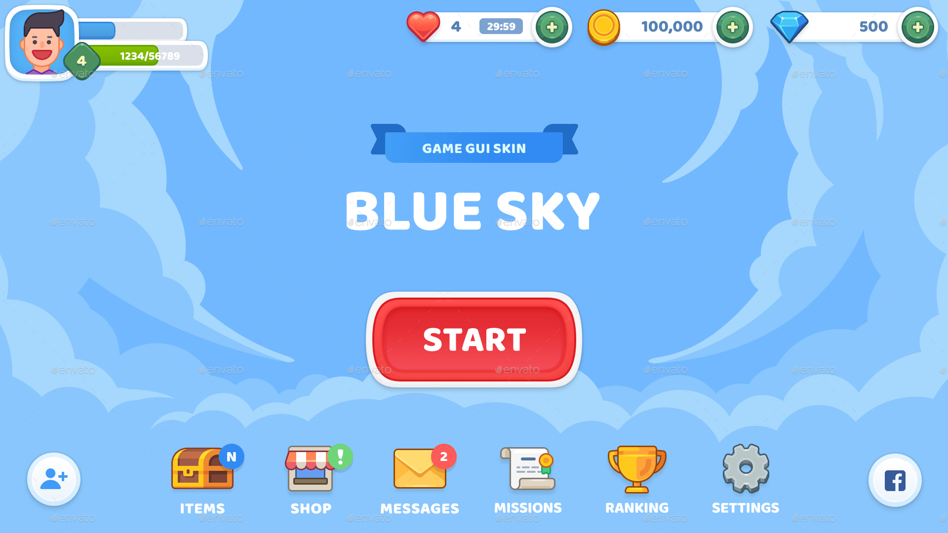 Game GUI Kit Blue Sky, Game Assets | GraphicRiver