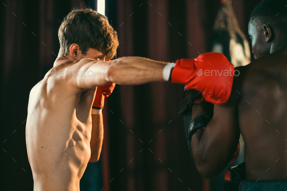 Active athletes fit men kick boxing doing sport training workout in gym ...