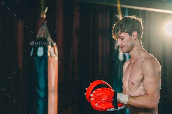 Boxing gym, man portrait and boxer pose technique for protection in mma ...