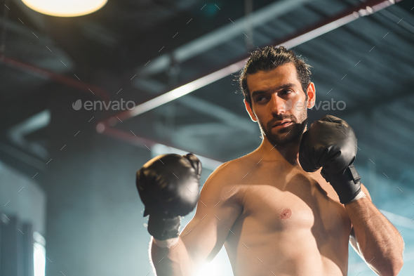 Boxing gym, man portrait and boxer pose technique for protection in mma ...