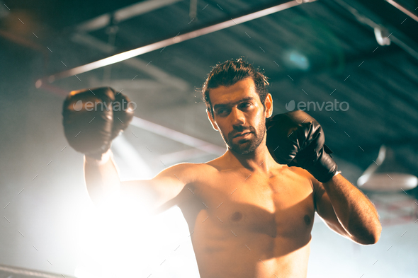 Boxing gym, man portrait and boxer pose technique for protection in mma ...