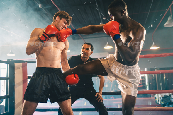 Gym atmosphere, Two professional fighters posing sport boxing ring ...