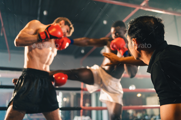 Gym atmosphere, Two professional fighters posing sport boxing ring ...